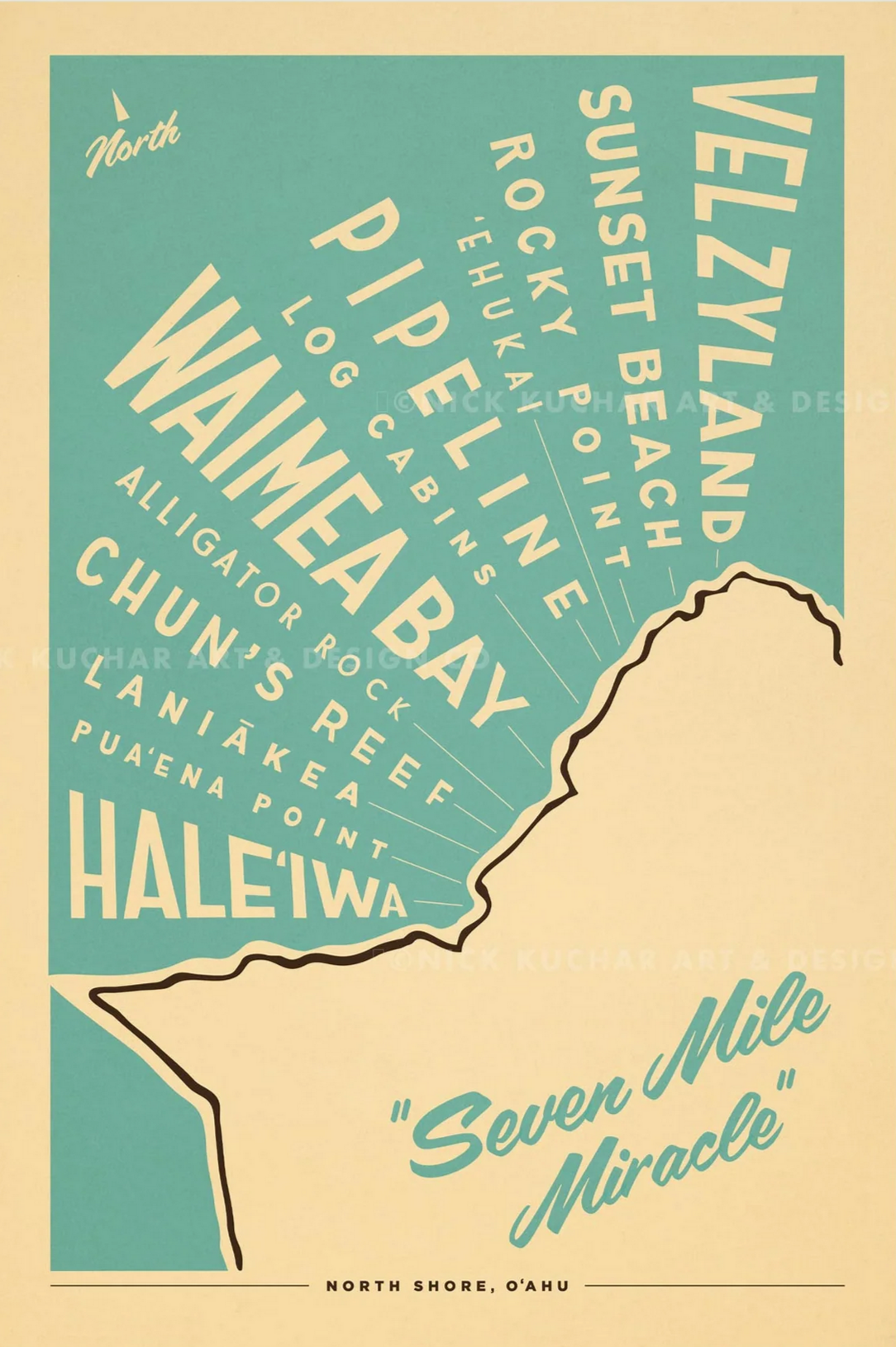 North Shore Oahu Surf Map Travel Print by Nick Kuchar – Roberta Oaks ...